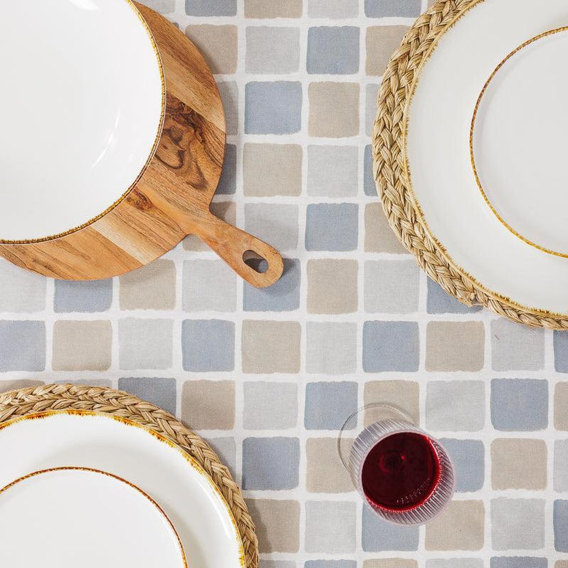 Carmel Designs Handcrafted Check Tablecloth Neutral Stone