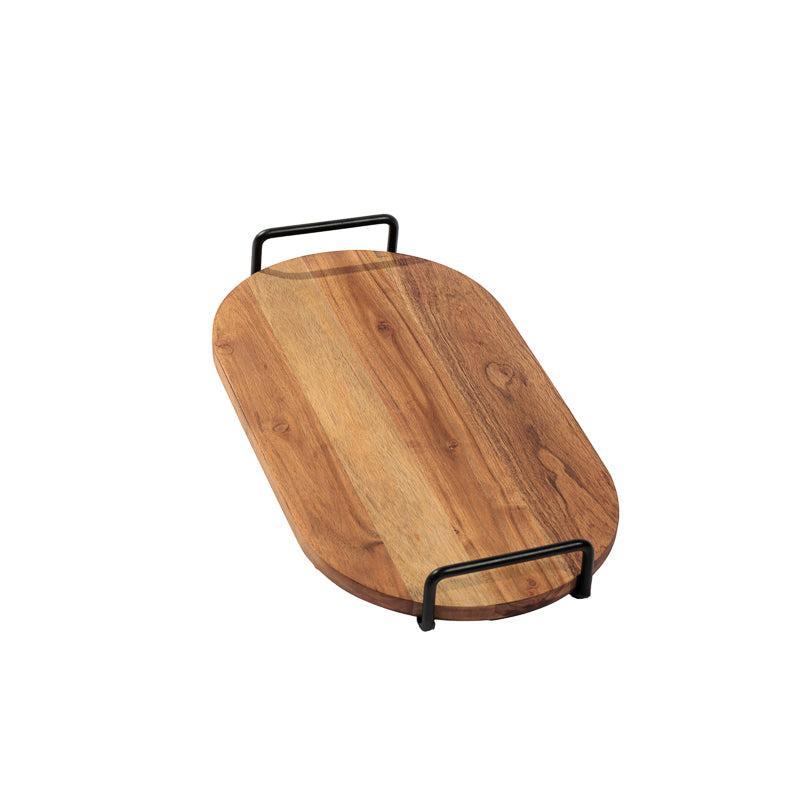 Oblong Wooden Serving Tray With Black Handle