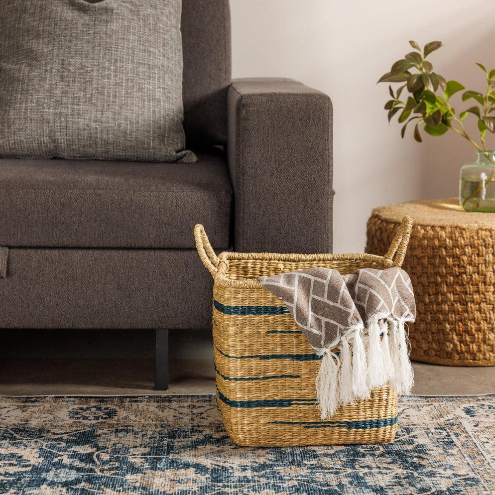 Home.Life Square Seagrass Basket Abstract Line with Handles Midnight B