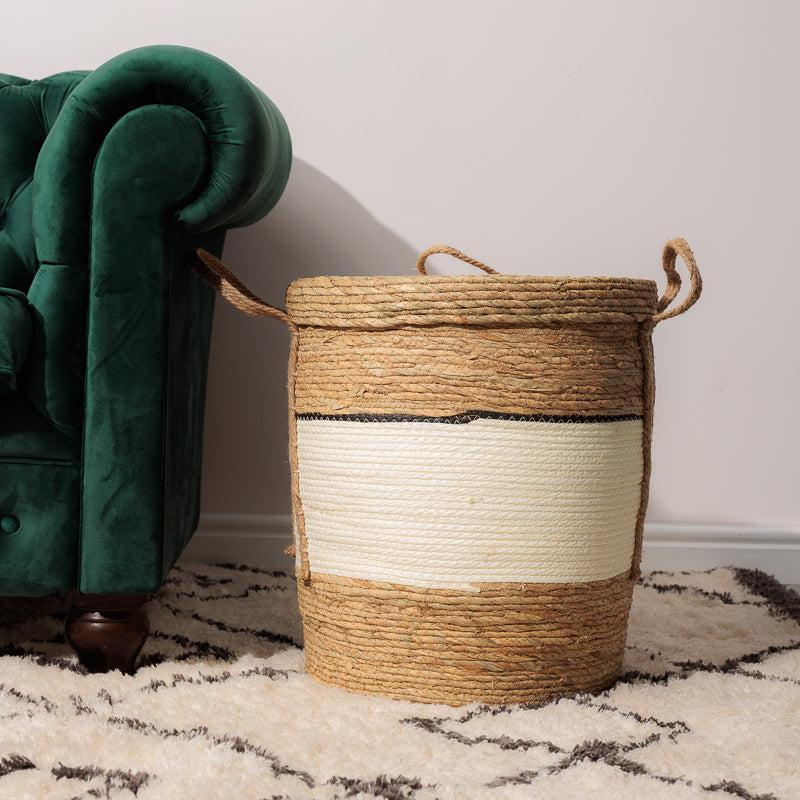 Bulrush & Paper Stripe Basket With Lid | Milk | Basket